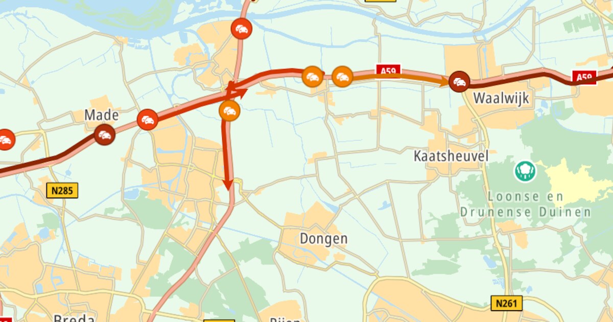 Ongeval op A59 bij Heusden zorgt voor vertraging richting Den Bosch, weg inmiddels weer vrij ...