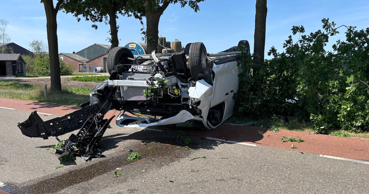 Busje belandt op zijn kop na botsing tegen boom in Uden | Regio | BD.nl