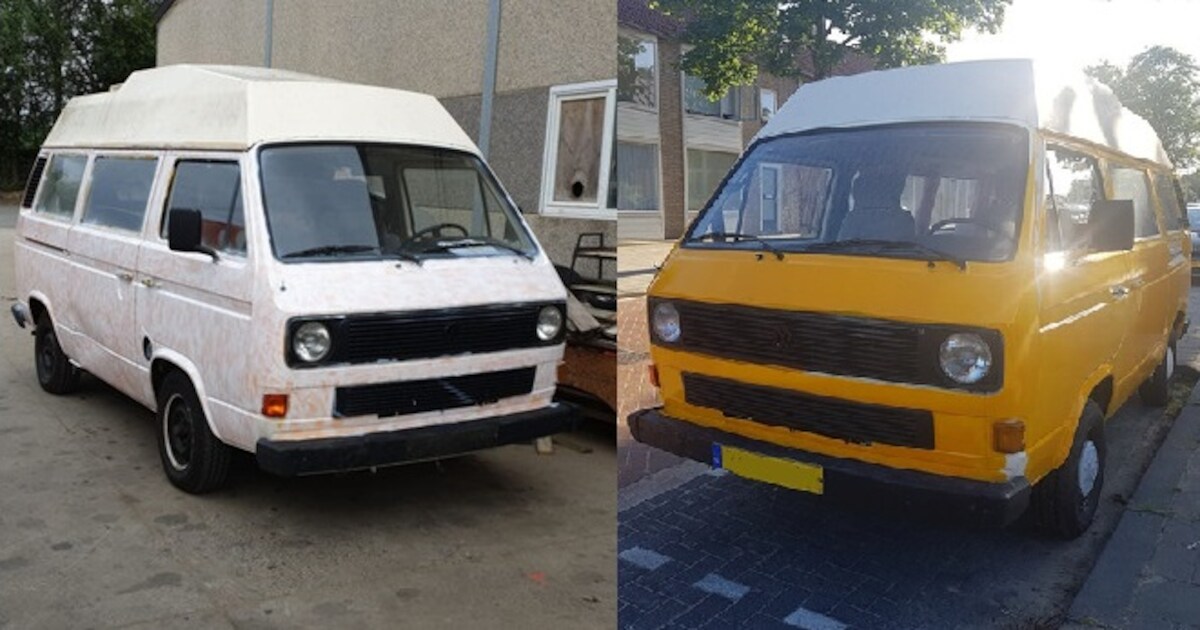 Knalgeel busje, gestolen in Tilburg, duikt zonder dak en wit gespoten ...