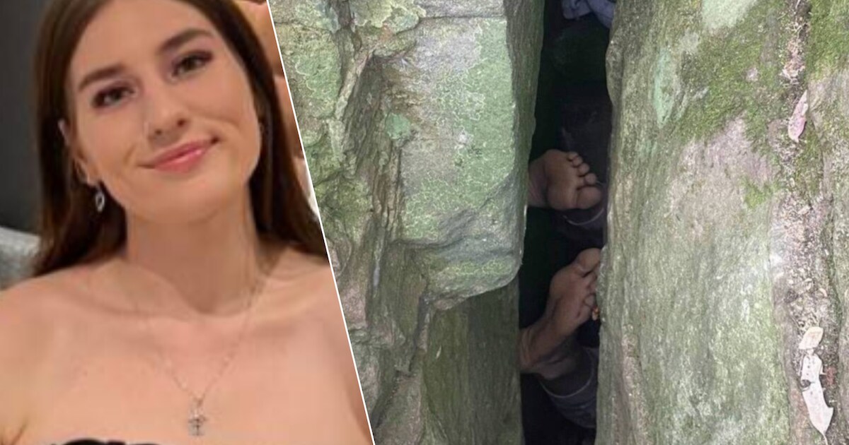 Matilda (23) hangt zeven uur lang ondersteboven tussen rotsen nadat ze telefoon laat vallen ...