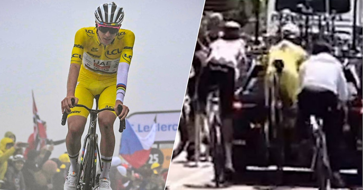 Beelden op sociale media tonen hoe Tadej Pogacar stevig op auto knalt van Visma-Lease a Bike ...